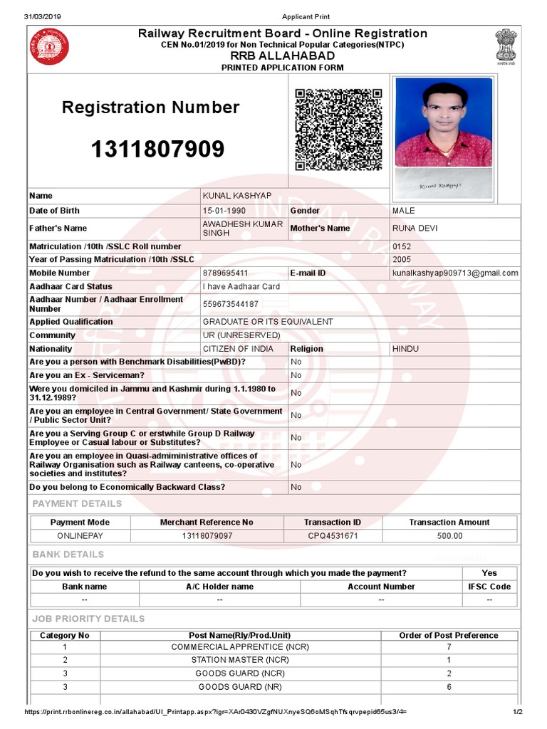 Registration Number: Railway Recruitment Board - Online Registration ...