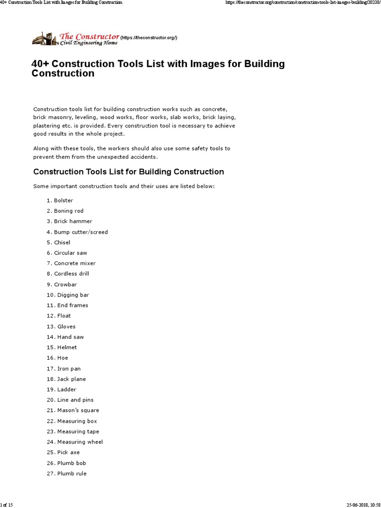40 Construction Tools List For Building Construction | PDF | Masonry ...