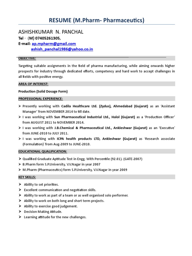 RESUME (M.Pharm-Pharmaceutics) : Ashishkumar N. Panchal | PDF | Tablet ...