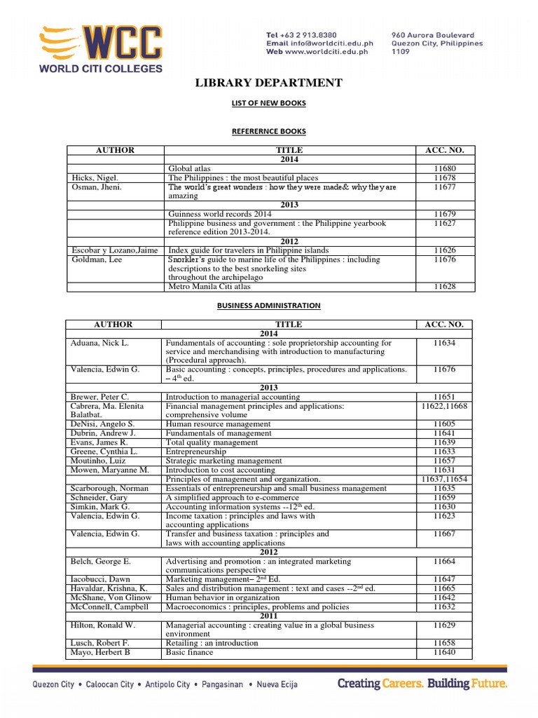 Library Department: List of New Books | PDF | Tourism | Accounting
