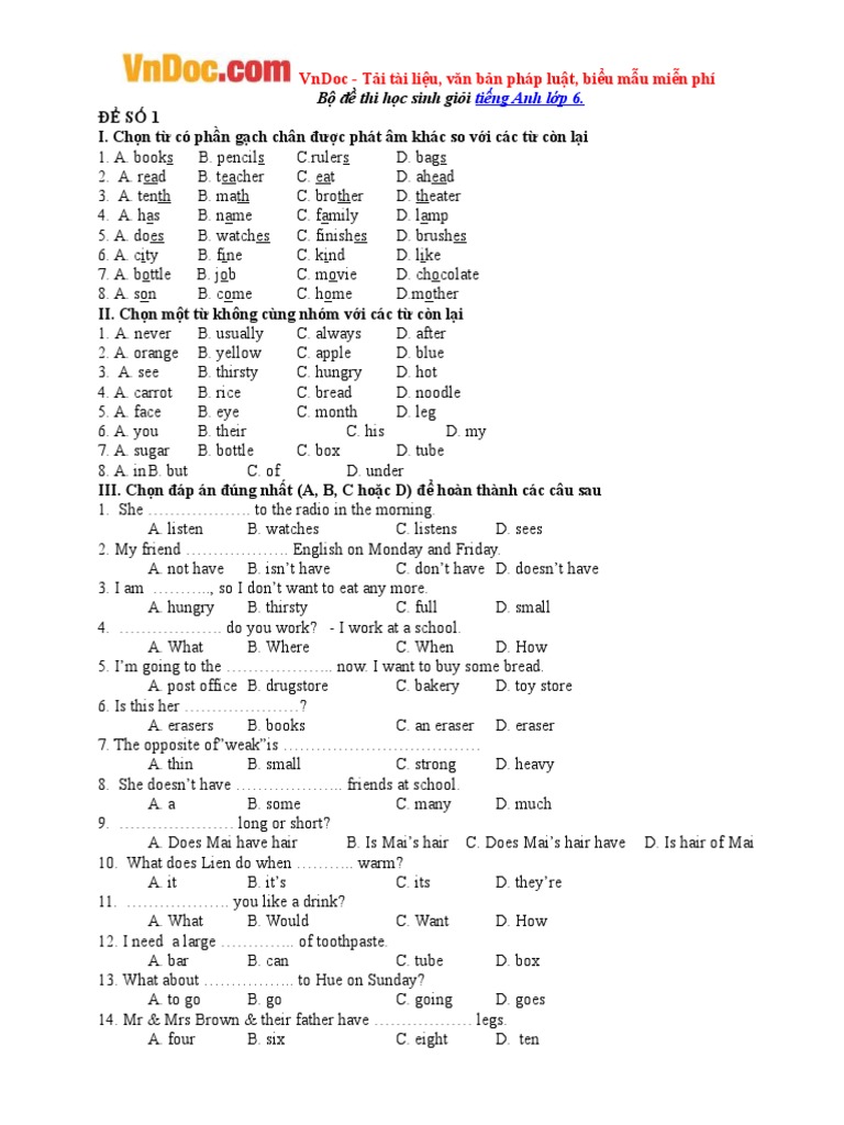 150 de Thi Hoc Sinh Gioi Tieng Anh Lop 6 Kem Dap An | PDF | Meal | Lunch