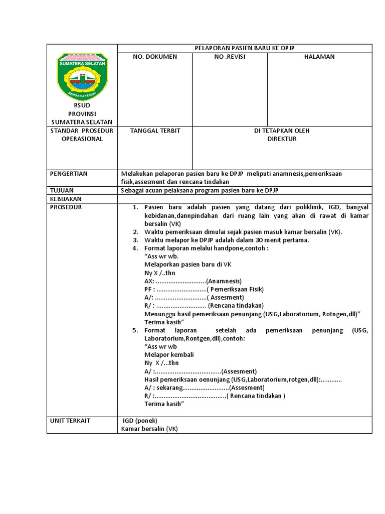 Sop Pelaporan Pasien Baru Ke DPJP | PDF