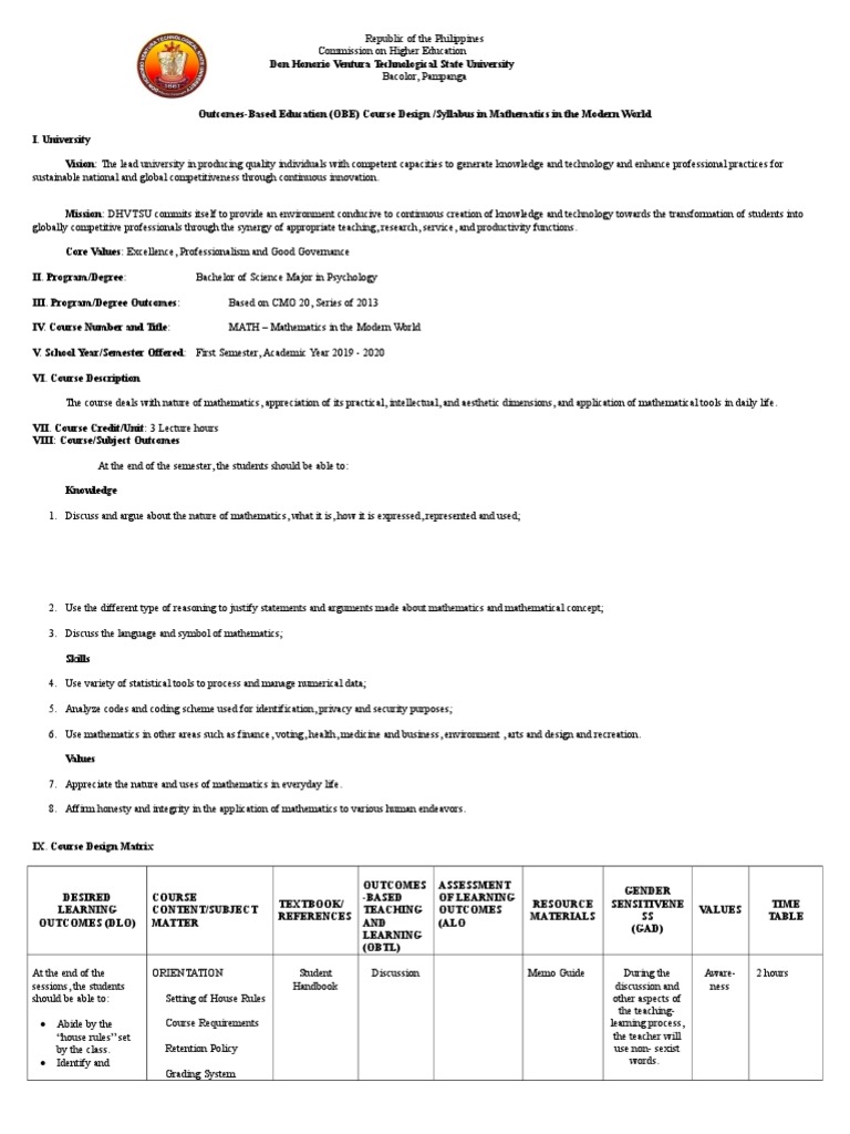OBE SYLLABUS Mathematics in The Modern World 2020 | PDF | Teaching ...