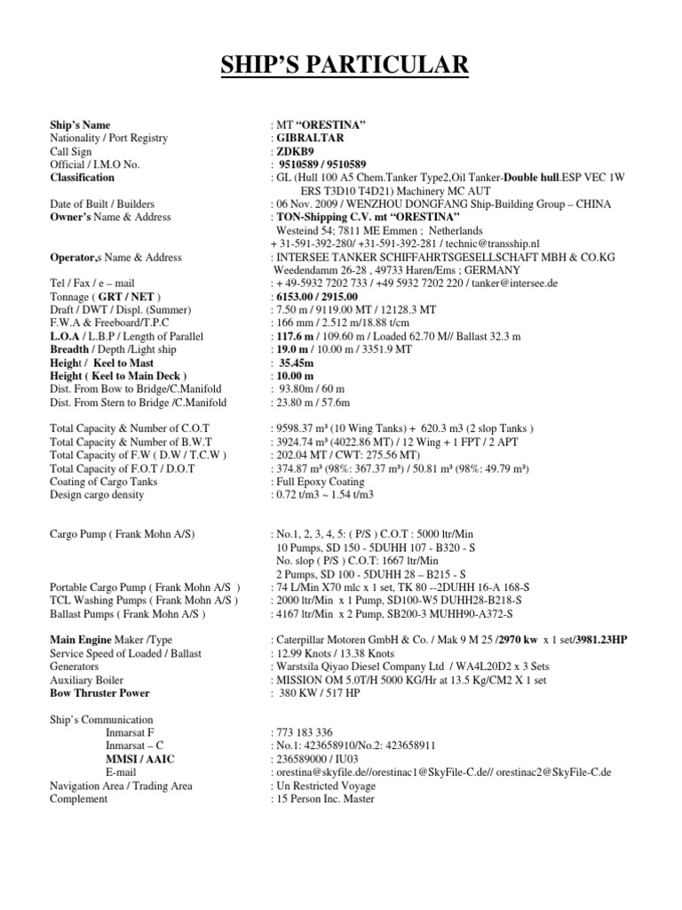 MT Orestina Ships Particulars | PDF | Ships | Shipping
