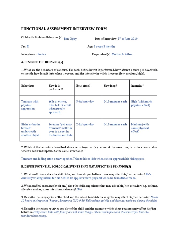 Functional Assessment Interview Form: A. Describe The Behavior (S ...