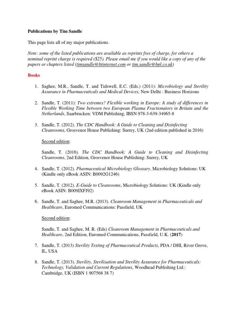 Publications by Tim Sandle - July 2019 | PDF | Infection | Risk Management