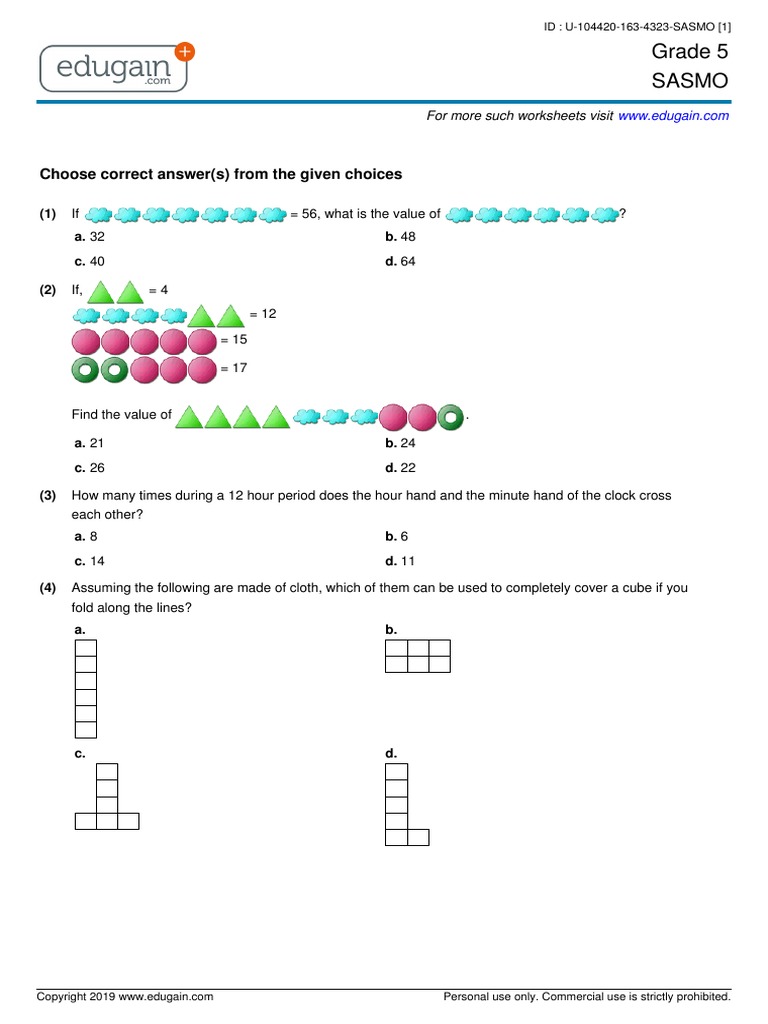 Grade 5 Sasmo: Choose Correct Answer(s) From The Given Choices ...