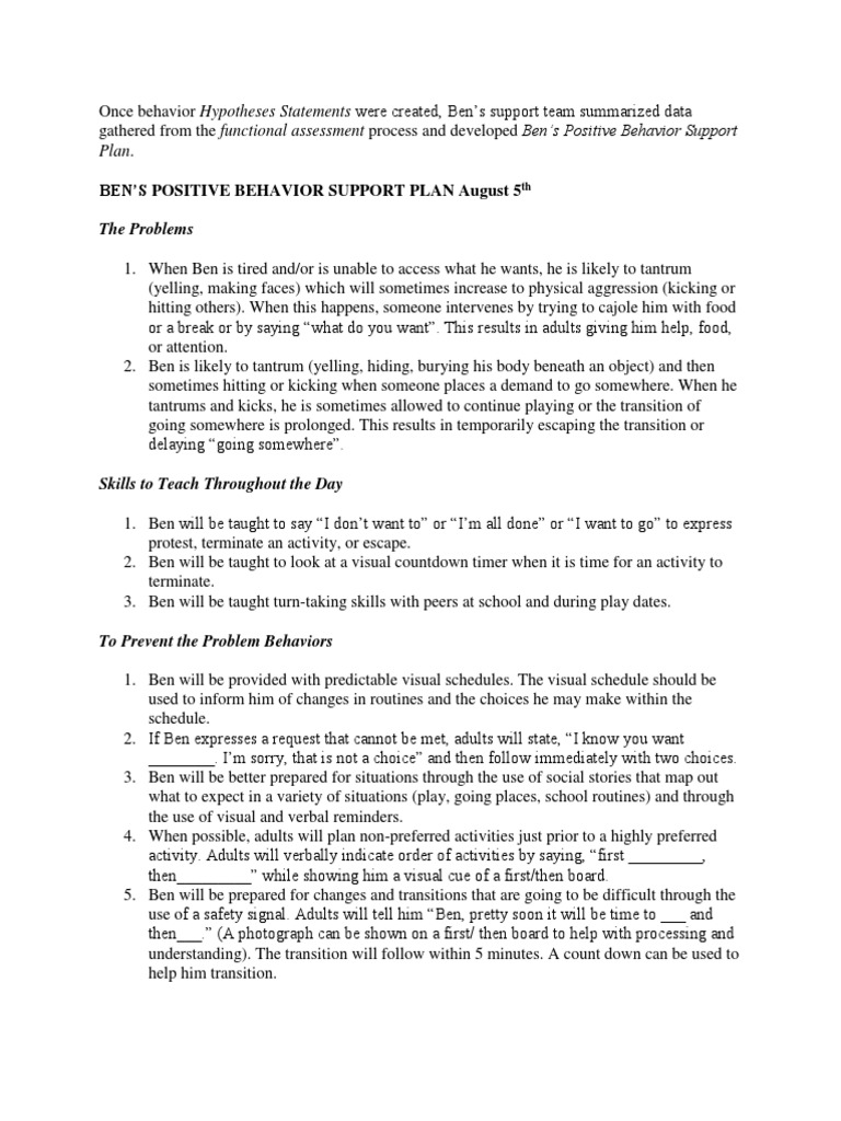 Plan.: Ben'S Positive Behavior Support Plan August 5 | PDF ...