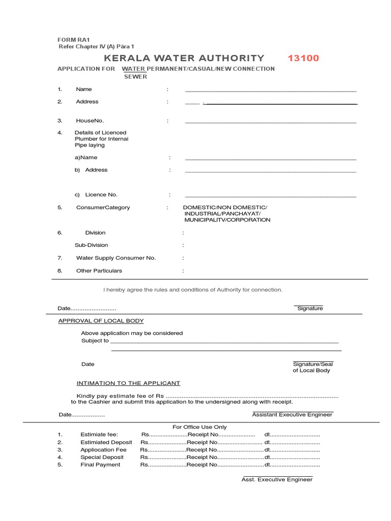 Form RA1 Water Connection Application | PDF | Plumbing | Business