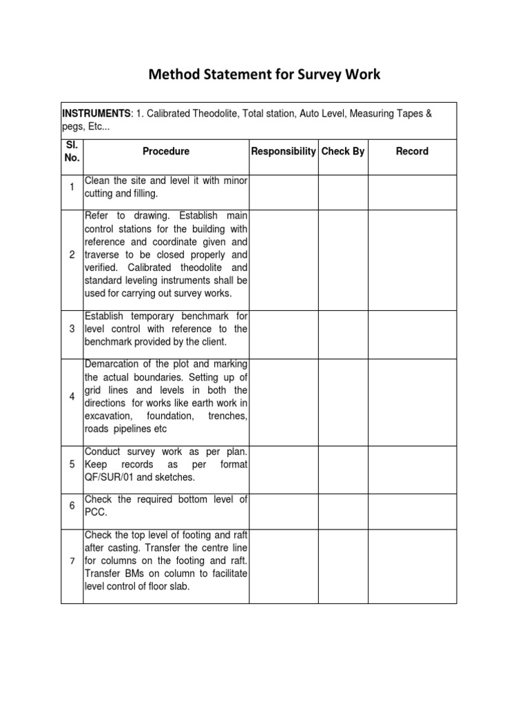 Method Statement For Survey Work: INSTRUMENTS: 1. Calibrated Theodolite ...