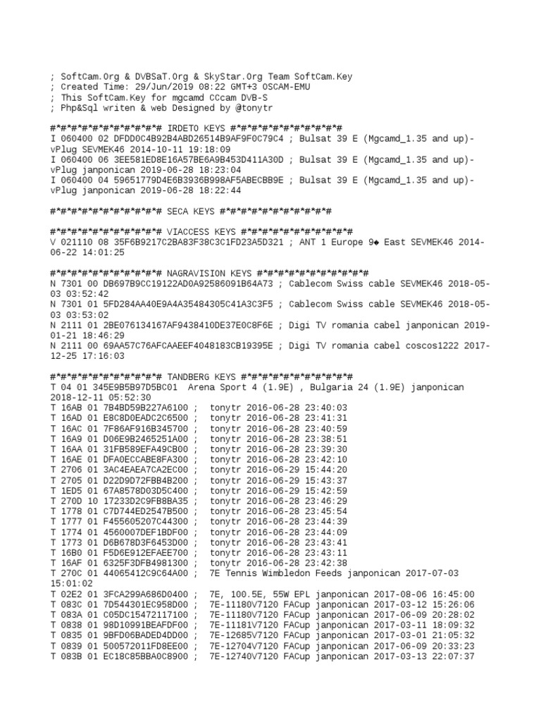 SoftCam Key Document Providing Encryption Keys for Various Satellite ...