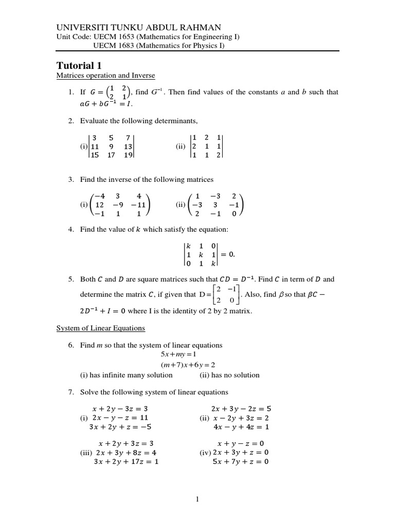 Tutorial 1 Universiti Tunku Abdul Rahman Pdf Eigenvalues And Eigenvectors System Of