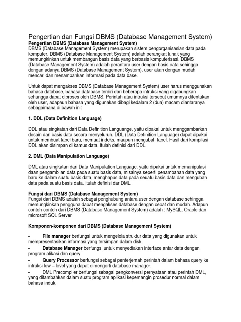 Pengertian Dan Fungsi DBMS | PDF Pengertian Dan Fungsi DBMS | PDF