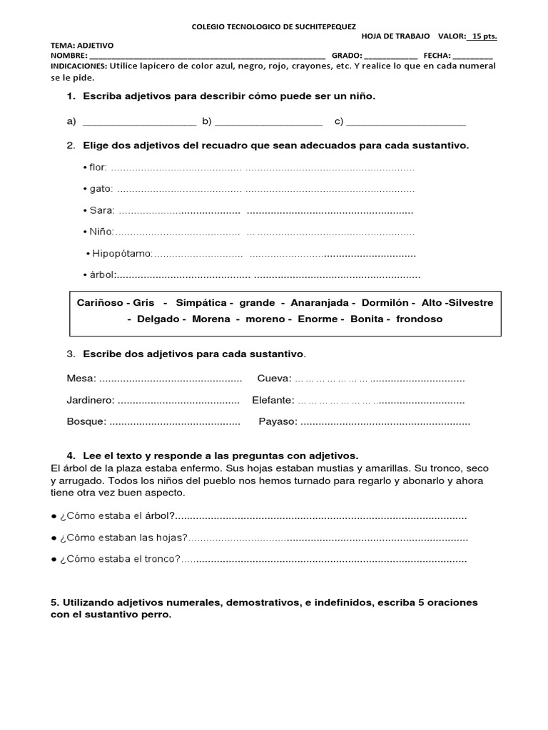 Hoja de Trabajo sobre Adjetivos | PDF | Adjetivo | Tipología Lingüística