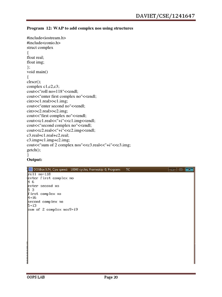 DAVIET/CSE/1241647: Program 12: WAP To Add Complex Nos Using Structures | PDF | Programming ...