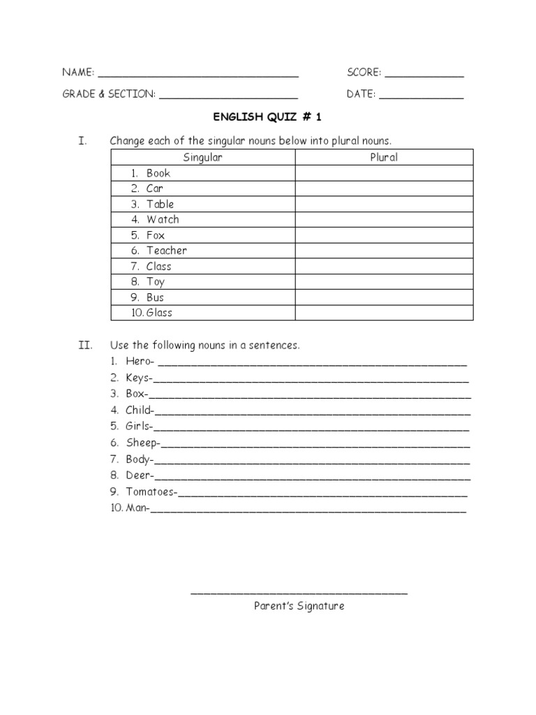 English Quiz 1 | PDF