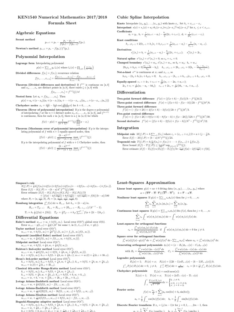 KEN1540 Numerical Mathematics 2017/2018 Formula Sheet Algebraic ...