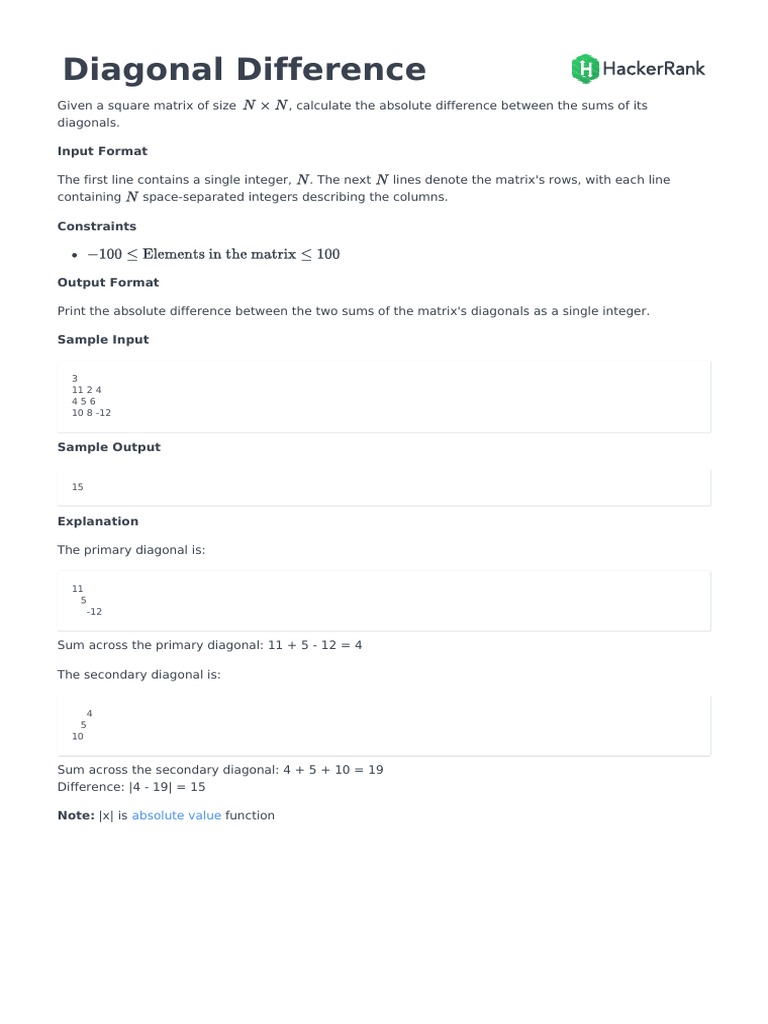 Diagonal Difference English | PDF