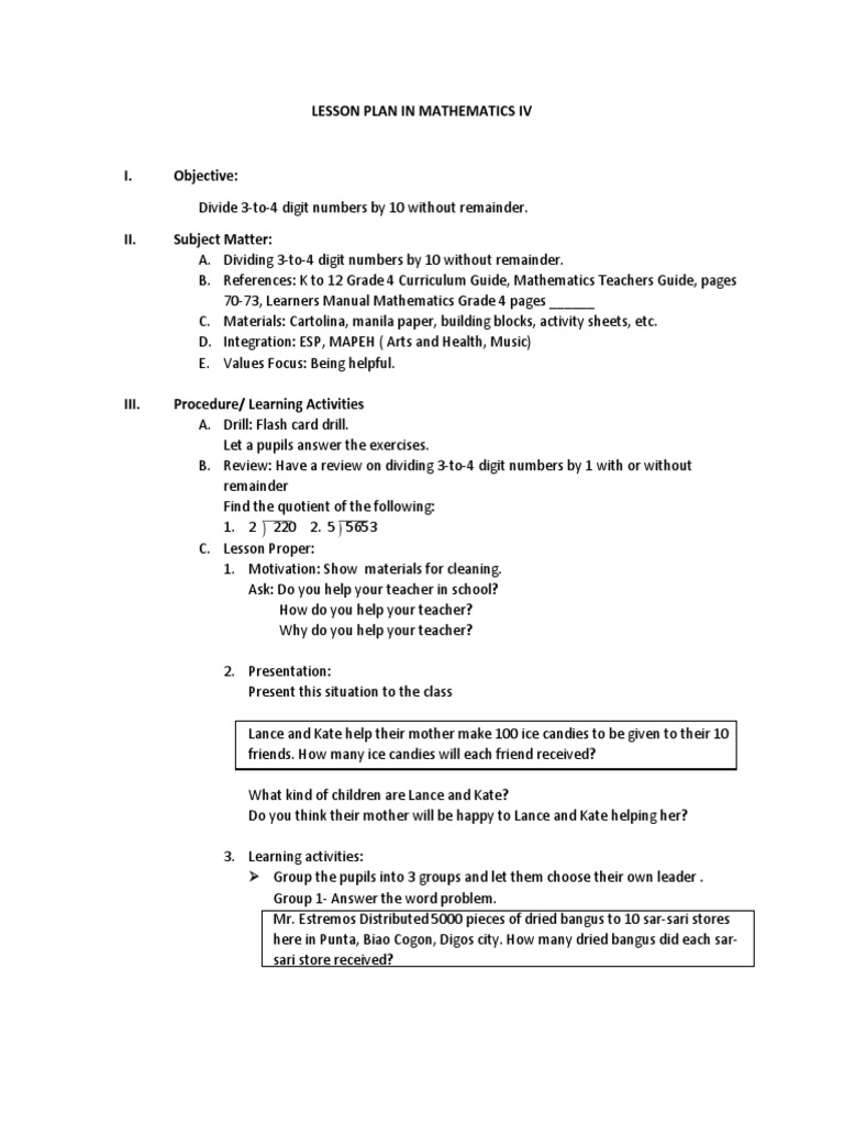 Lesson Plan in Mathematics Iv | PDF | Division (Mathematics ...