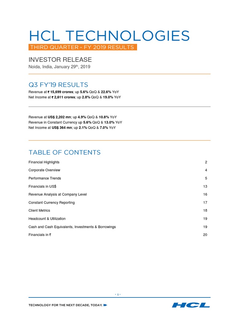HCL Tech q3 2019 Investor Release | PDF | Cloud Computing | Earnings Before Interest