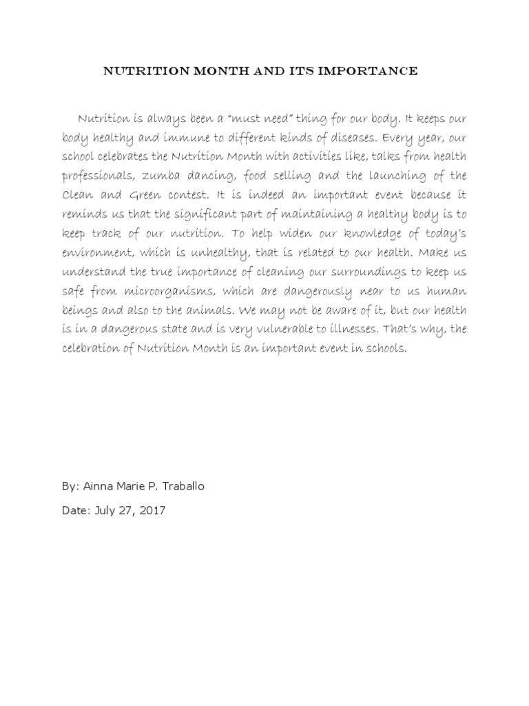 Nutrition Month and Its Importance: By: Ainna Marie P. Traballo Date ...