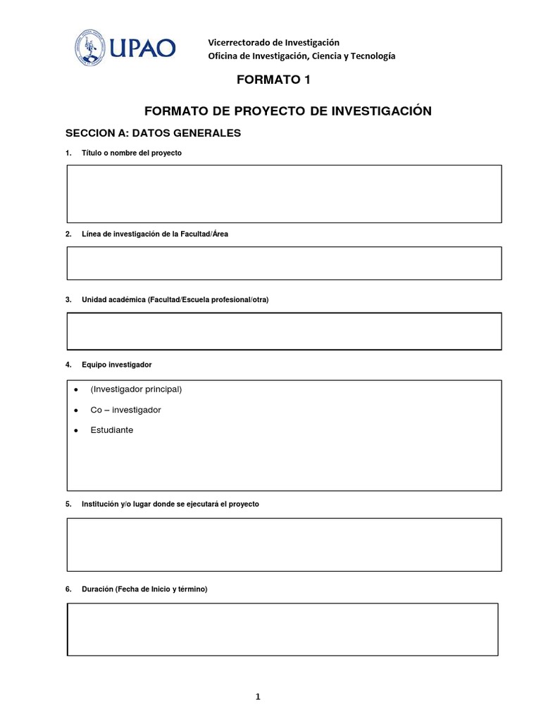 Formato 1 Formato De Proyecto De Investigación: Seccion A: Datos ...