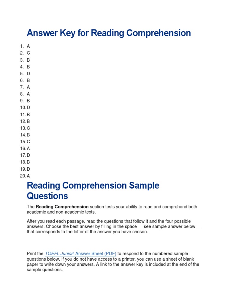 Answer Key For Reading Comprehension | Download Free PDF | Reading ...
