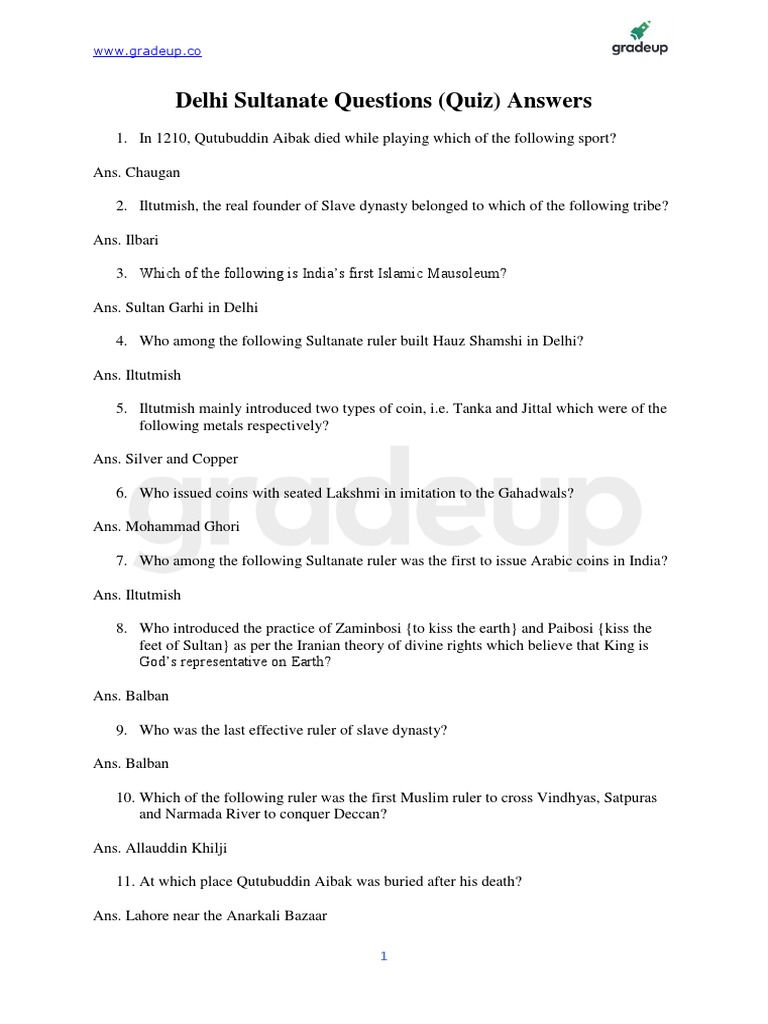 Delhi Sultanate Questions Answers PDF in English - PDF 76 | PDF