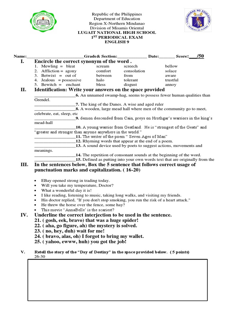 English 9 1st Quarter Exam Guide | PDF