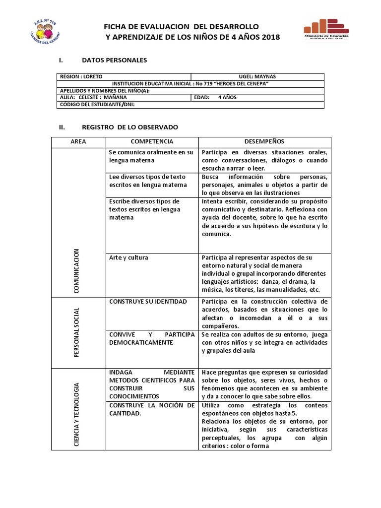 Evaluación del Desarrollo Infantil 4 Años | PDF | Salón de clases ...