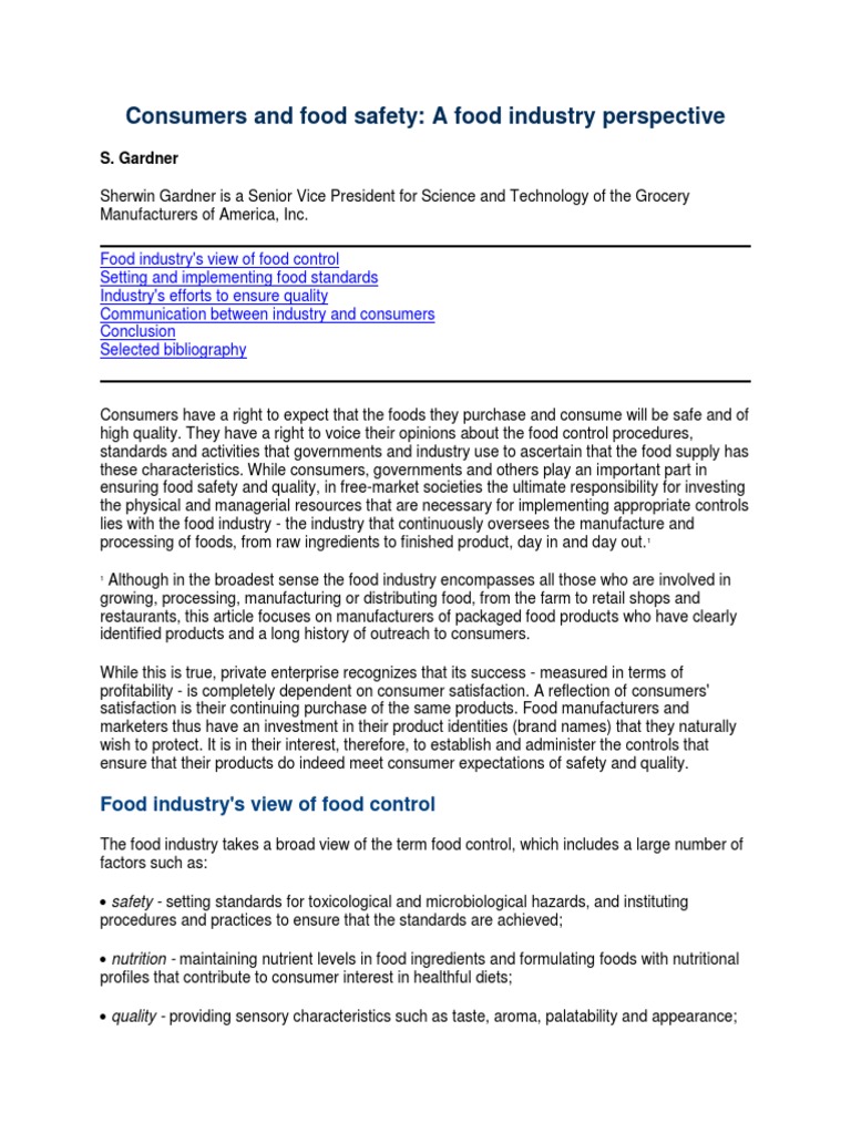 Consumers and Food Safety: A Food Industry Perspective: S. Gardner ...