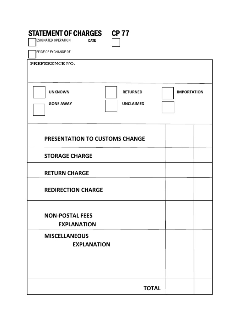 Statement of Charges CP 77: Presentation To Customs Change Storage ...