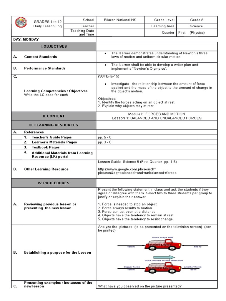 DLL Grade 8 Science First Done | PDF | Inertia | Force