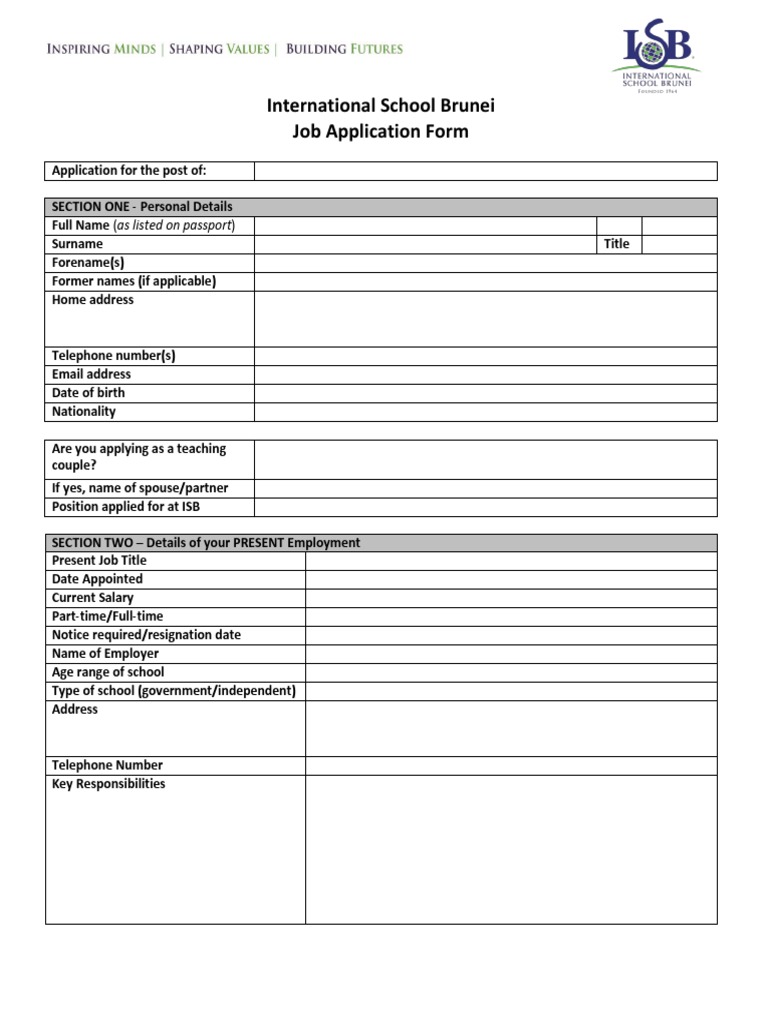 International School Brunei Job Application Form | PDF | Teachers ...