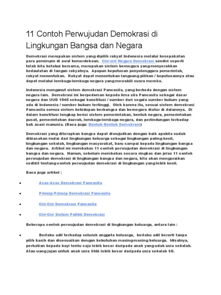 11 Contoh Perwujudan Demokrasi Di Lingkungan Bangsa Dan Negara | PDF
