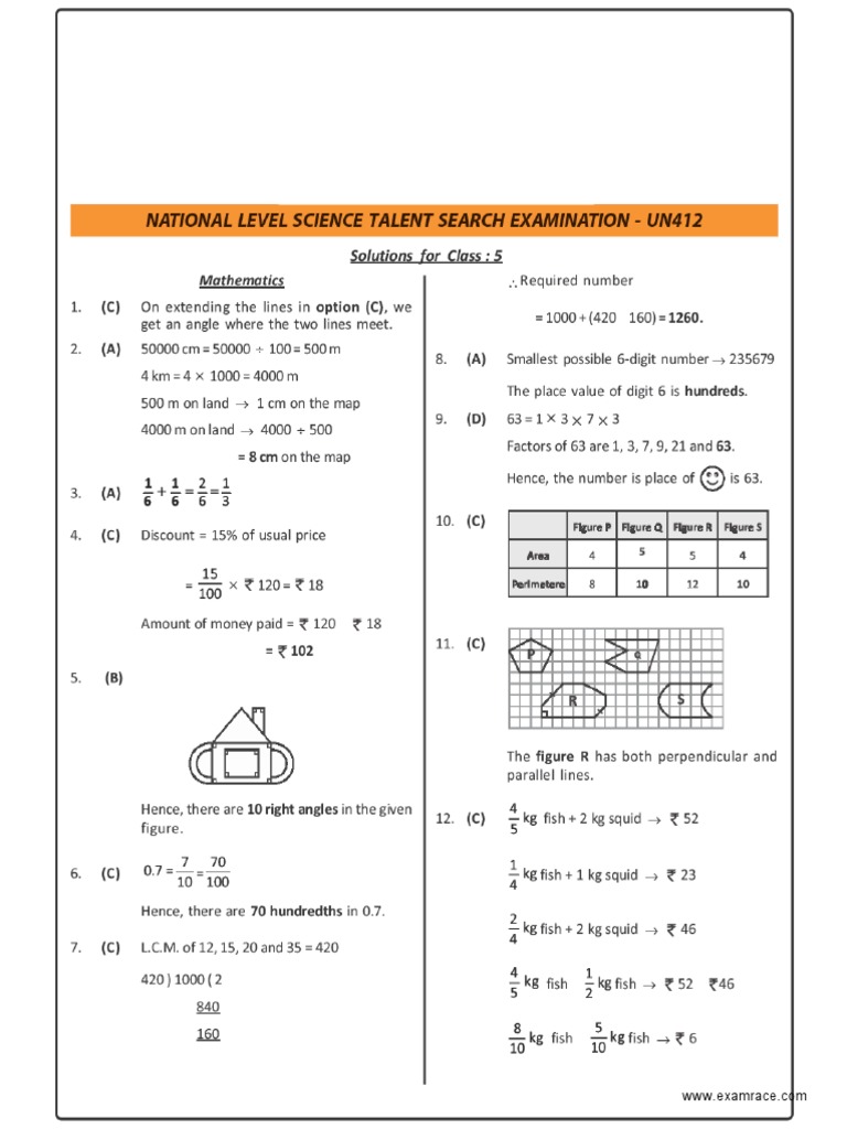 NSTSE Class 5 Solutions 2015 | PDF | Vertebral Column | Area