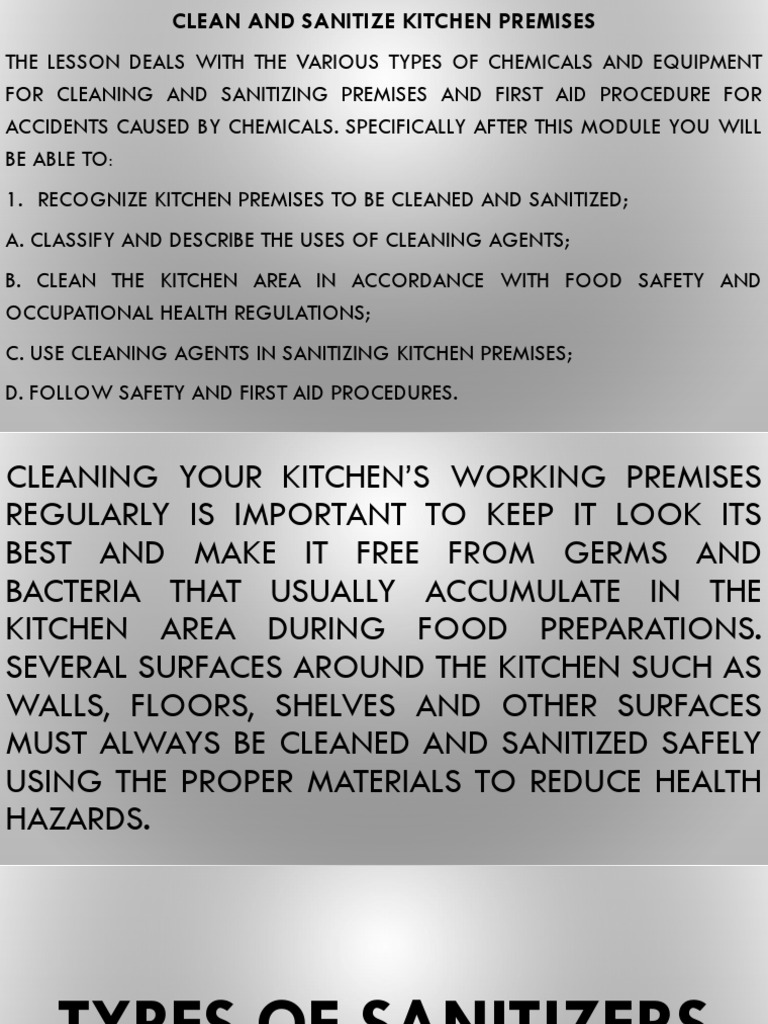 Clean and Sanitize Kitchen Premises | PDF | Disinfectant | Home