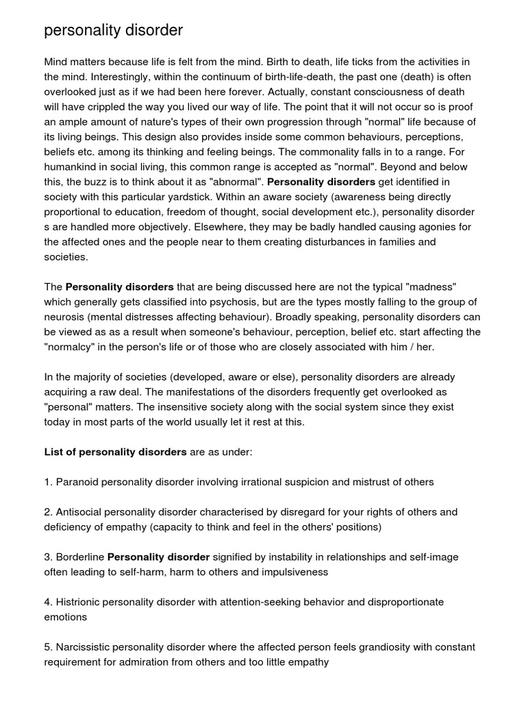 Personality Disorder: List of Personality Disorders Are As Under | PDF ...