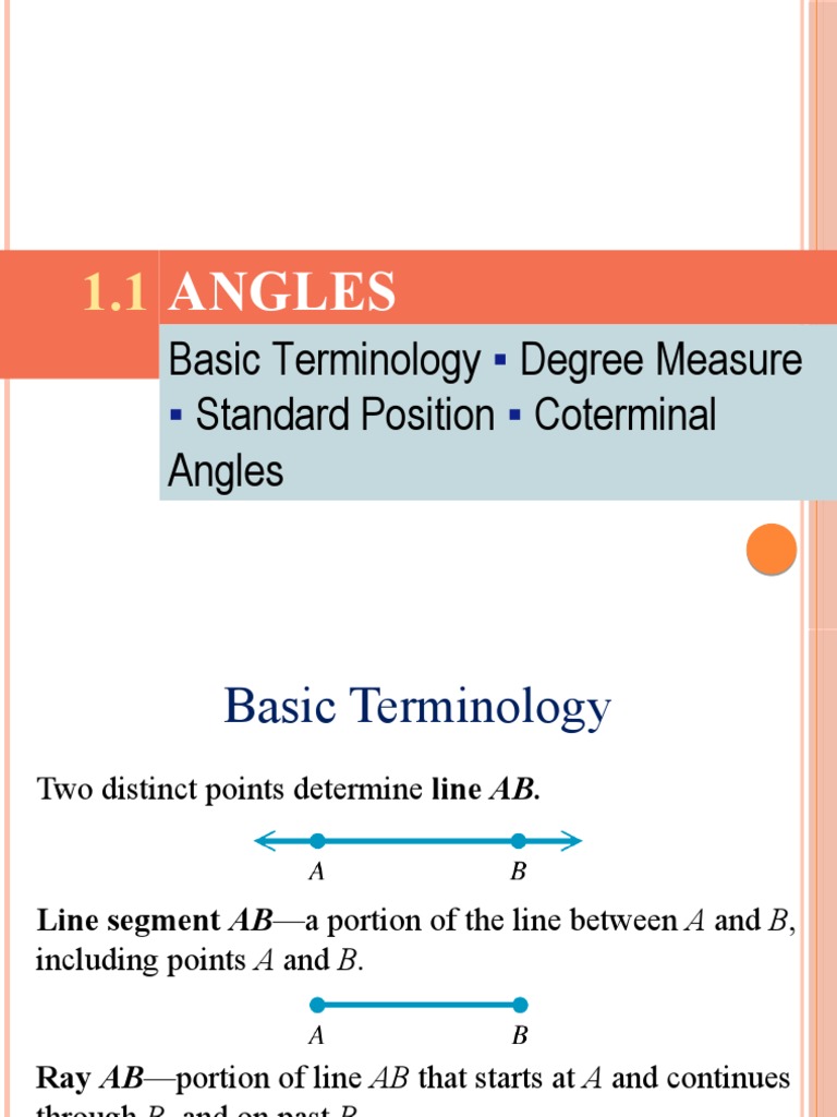Angles: Basic Terminology Degree Measure Standard Position Coterminal ...