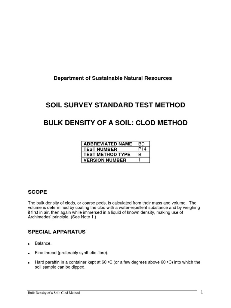 Soil Survey Standard Test Method Bulk Density of A Soil: Clod Method ...