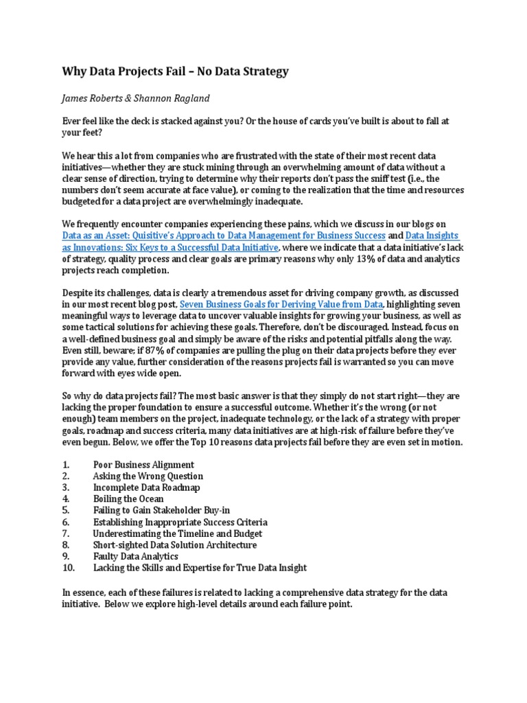 Blog 4 - Why Data Projects Fail - No Data Strategy 5.25.17 | PDF | Data ...