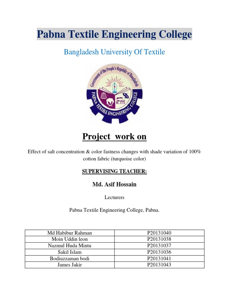 Pabna Textile Engineering College: Project Work On | PDF | Dye | Dyeing