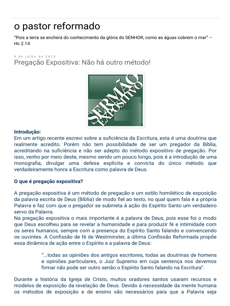O Pastor Reformado - Pregação Expositiva - Não Há Outro Método! | PDF ...