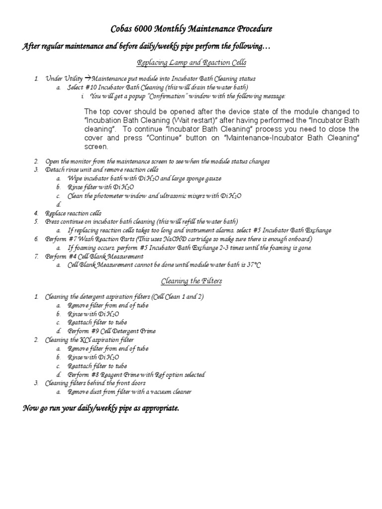Cobas 6000 Monthly Maintenance Procedure | PDF