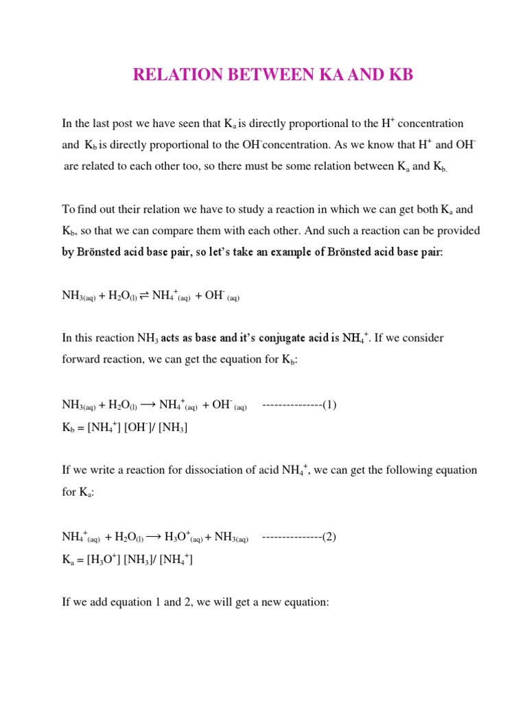 Relation Between Ka and KB PDF | PDF | Acid Dissociation Constant | Acid