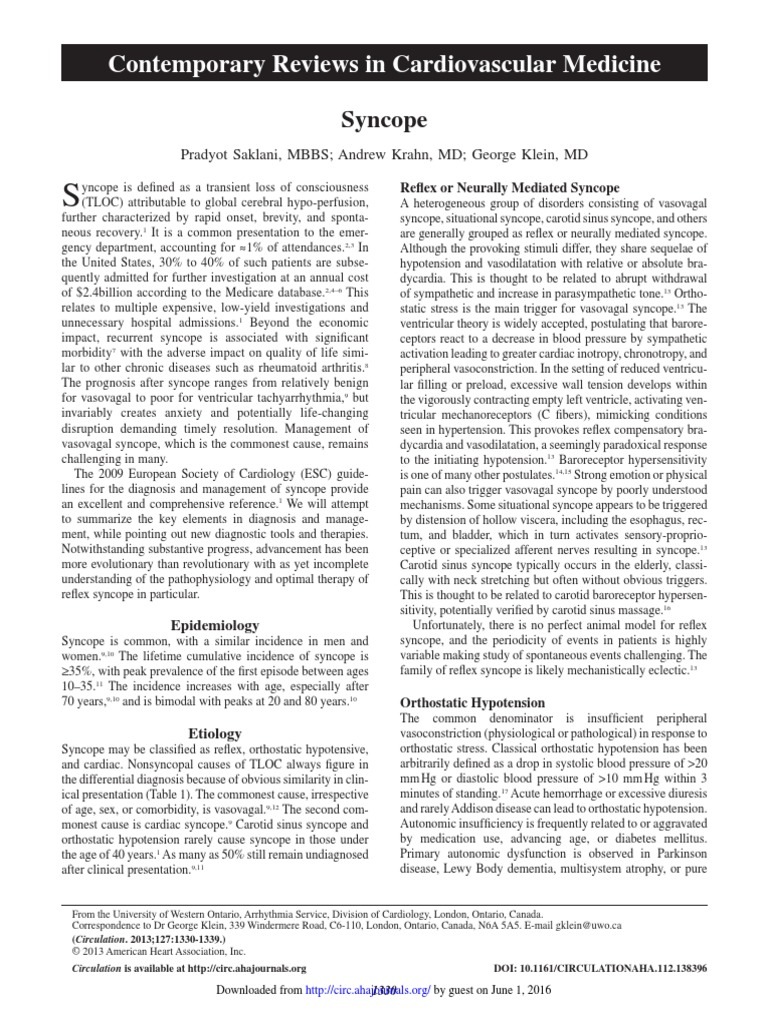 Contemporary Reviews in Cardiovascular Medicine: Syncope | PDF