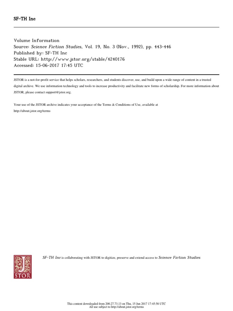 Science Fiction Studies Vol 19 Volume Information | PDF | Science Fiction