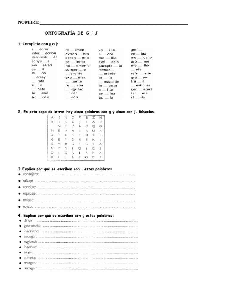 Ortografía de G J - Ejercicios | PDF