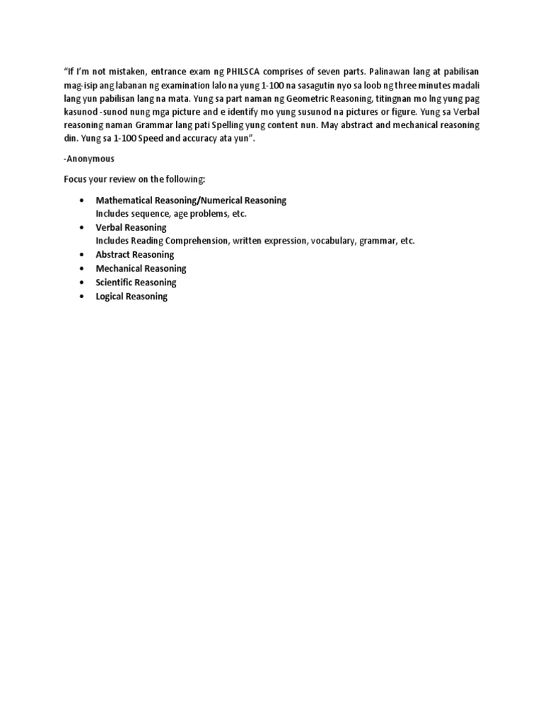 Tips For Philsca Entrance Exam PDF | PDF