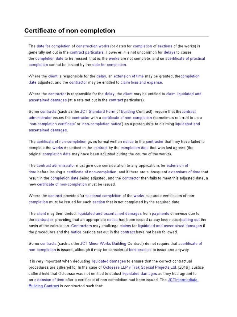 Certificate of Non Completion | Liquidated Damages | Damages